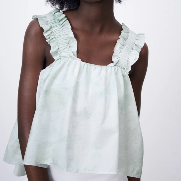 Zara | Tops | Zara Green And White Tie Dye Cropped Baby Doll Ruffle ...